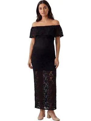 24SEVEN COMFORT APPAREL Maternity Off The Shoulder Lace Body-con Maxi Dress - Black