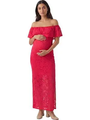 24SEVEN COMFORT APPAREL Maternity Off The Shoulder Lace Body-con Maxi Dress - Fuchsia