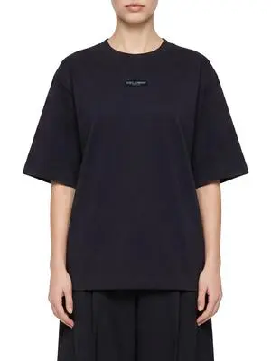 Dolce & Gabbana Cotton Crewneck T-shirt With Contrast Logo And Dropped Shoulders - Black