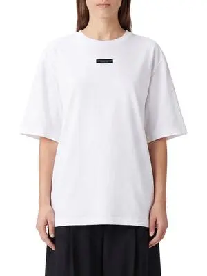 Dolce & Gabbana Cotton Crewneck T-shirt With Contrast Logo And Dropped Shoulders - White