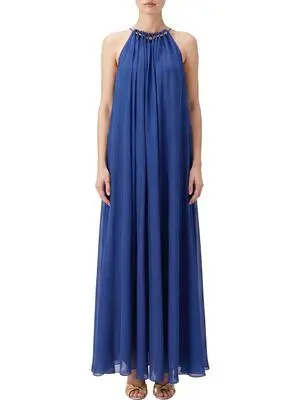 Zimmermann Pleated Silk Halter Neck Maxi Dress - Blue