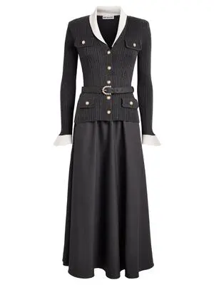 SELF-PORTRAIT Knit Twill Midi Dress With Belted Bodice - Grey