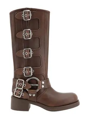 Miu Miu Leather Buckled Mid Calf Boots - Brown
