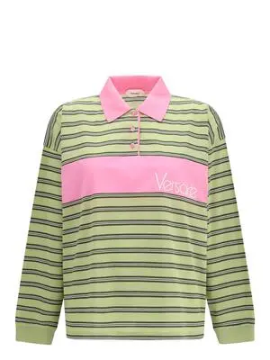 Versace Striped Intarsia Cotton Polo Shirt With Embroidered Logo - Multicolour