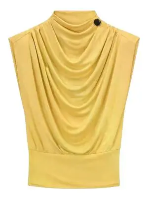 RETORI Draped Button-detail Mock Neck Top - Yellow