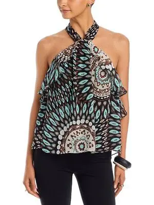 Ramy Brook Printed Silk Halter Top - Multi Medallion
