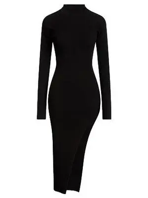 Blumarine Virgin Wool Midi Dress With Mandarin Collar And Side Slit - Black