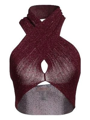 KONTATTO Halter Neck Ribbed Knit Metallic Top - Red