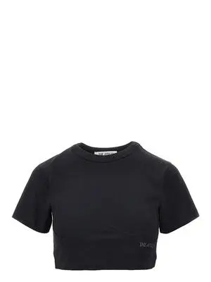 Attico Cropped Cotton T-shirt With Embroidered Logo - Black