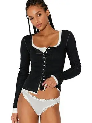 INTIMATELY Pointelle Long Sleeve Button-up Top - Black