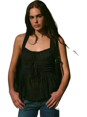 Free People Ruched Bust Peplum Top With Corset Detail - Black