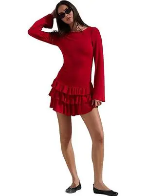 Free People Long Sleeve Ruffle Mini Dress - Salsa