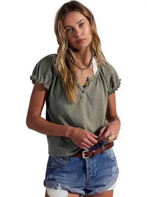 We The Free Puffed Sleeve Henley Tee - Laurel Oak