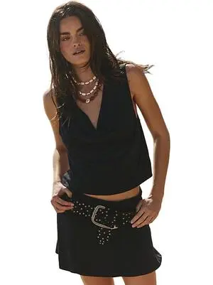 Free People Cowl Neck Tank And Shirred Waist Mini Skirt Set Black