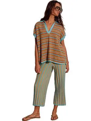 Free People Striped V-neck Polo Top And Cropped Wide-leg Pants Set - Camel Combo