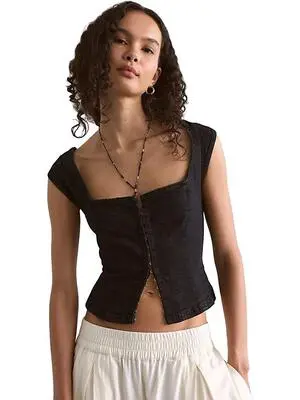Free People Denim Corset Top With Square Neckline And Cap Sleeves - Anthracite