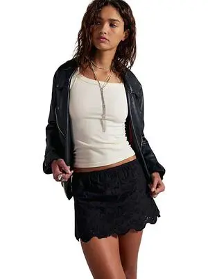 Free People Embroidered Eyelet Cotton Skort With Scalloped Trim - Black