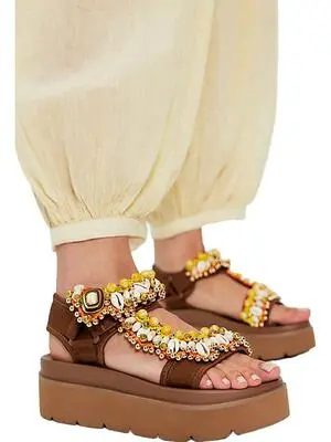 NAN-KU COUTURE Embellished Flatform Sport Sandals - Coffee