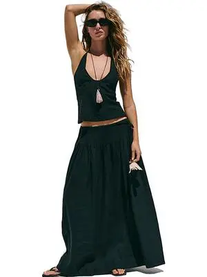 Free People Linen Halter Top And Maxi Skirt Set - Black