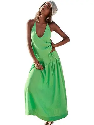Free People Free-est Linen Halter Top And Maxi Skirt Set Exotic Green