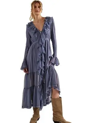 Free People Romantic Ruffled Tiered Midi Dress With Balloon Sleeves - Wild Wind