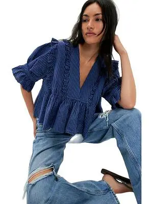 Free People Miley Cotton Top With Puff Sleeves And Ruffled Details - Navy Combo