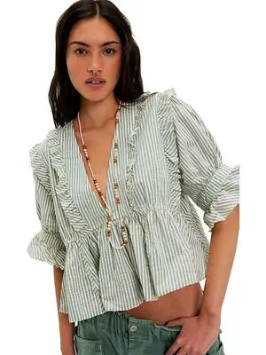 Free People Miley Cotton Top With Puff Sleeves And Ruffled Details - Yellow Combo
