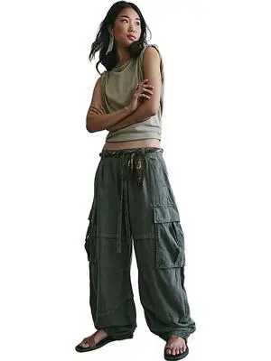 We The Free Reef Curved Linen Cargo Pants - Forest Shadow