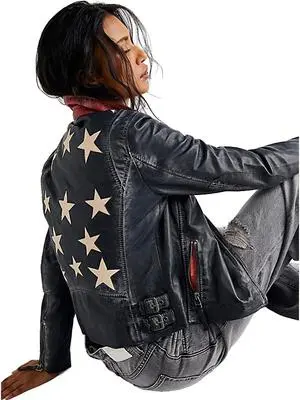 MAURITIUS LEATHER Christy Leather Moto Jacket With Star Detailing - Navy