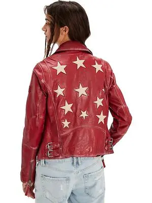 MAURITIUS LEATHER Christy Leather Moto Jacket With Star Detailing - Red