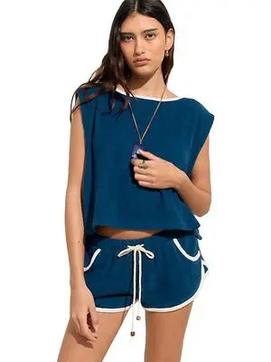Free People Free-est Terry Muscle Tank And Micro Shorts Set Poseidon