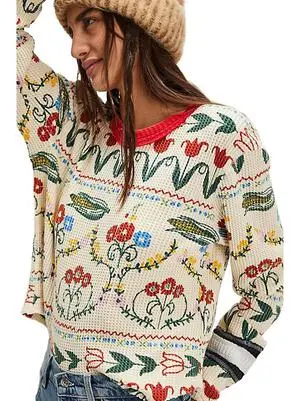 We The Free We The Free Waffle-Knit Printed Long Sleeve Top Corn