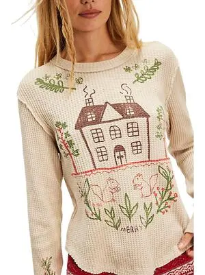We The Free Waffle-knit Printed Long Sleeve Tee With Contrast Trim - Merry