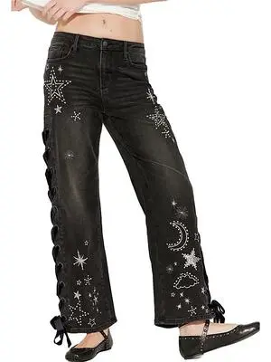 DRIFTWOOD Embellished Lace-up Straight Leg Jeans - Celestial