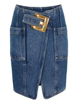 Balmain Belted Denim Midi Skirt With Gold-finish Buckle - Blue