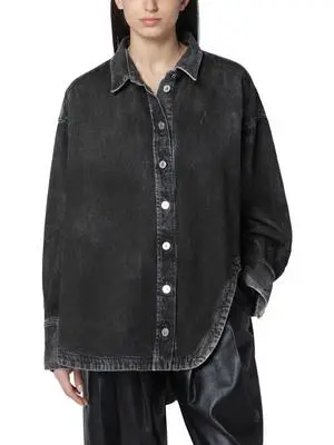 Attico Washed Denim Shirt With Logo Embroidery - Black