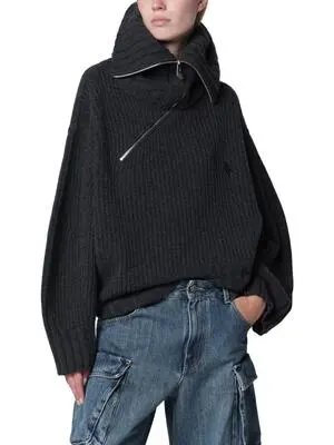 Attico Dark Wool And Cashmere Sweater With Zip - Grey