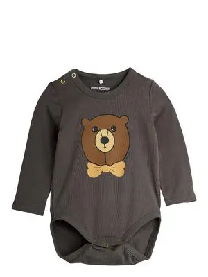 MINI RODINI Bear Print Long Sleeve Bodysuit - Grey