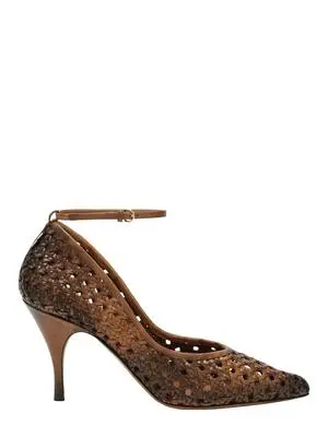 Miu Miu Cognac Woven Leather Pumps With Adjustable Ankle Strap - Brown