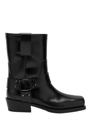Valentino Garavani Leather Biker Rockstud Boots - Black