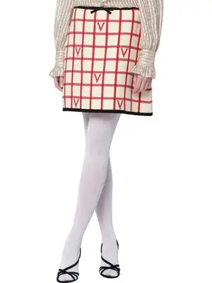Valentino Garavani Ivory Wool And Cotton-blend Skirt With Check Vlogo Pattern - Multicolor