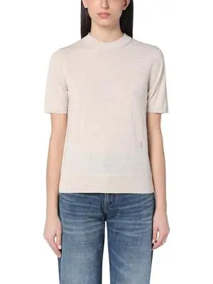 Burberry Beige Wool Crew Neck Sweater With Embroidered Logo And Slit Detail - Brown