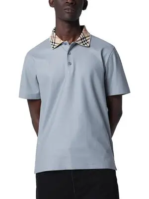 Burberry Cotton Polo With Check Collar - Grey