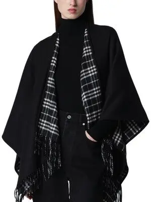 Burberry Reversible Wool Cape With Fringes - Black