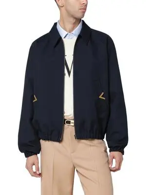 Valentino Garavani Navy Wool Blend Bomber Jacket With Vgold Pockets - Blue