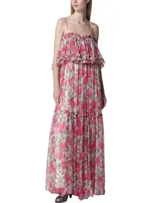 Chloé Long Silk Muslin Dress With Rose Print - Multicolor