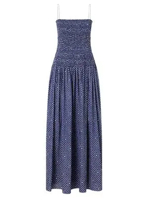 Matteau Shirred Printed Cotton Midi Dress - Blue