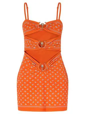 Christopher Esber Orbit Embellished Ruched Cutout Printed Stretch-jersey Mini Dress - Orange