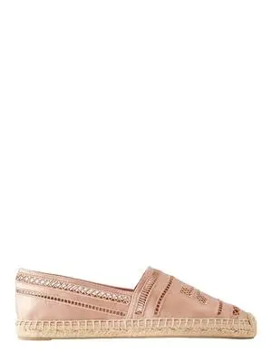 Tory Burch Tory Burch Open Weave Embroidered Satin Espadrilles Brown
