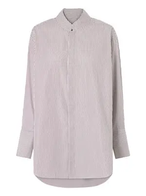 Comme Si Mandarin Collar Striped Cotton Poplin Tunic Shirt - Pink